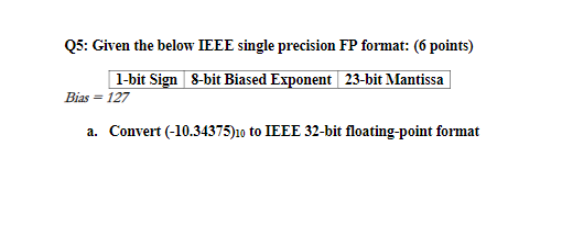 Solved Q5: Given the below IEEE single precision FP format: | Chegg.com