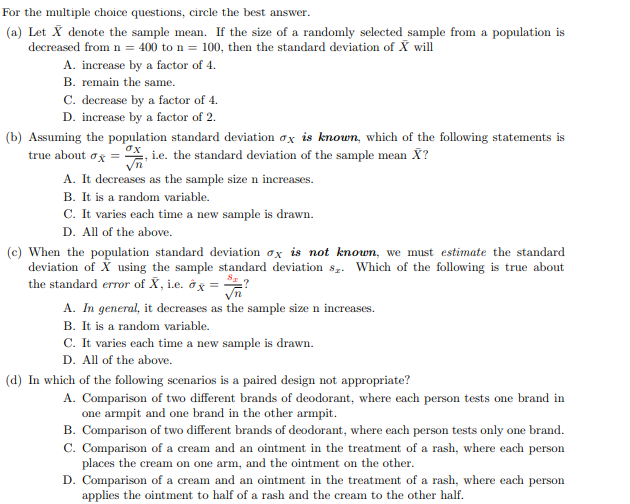 Solved For the multiple choice questions, circle the best | Chegg.com