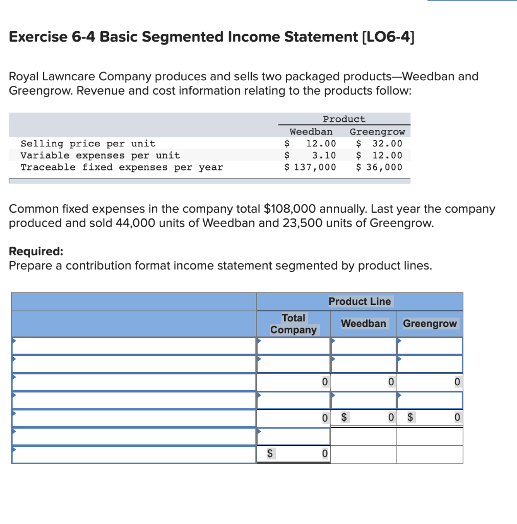 Solved Exercise 6-4 Basic Segmented Income Statement | Chegg.com