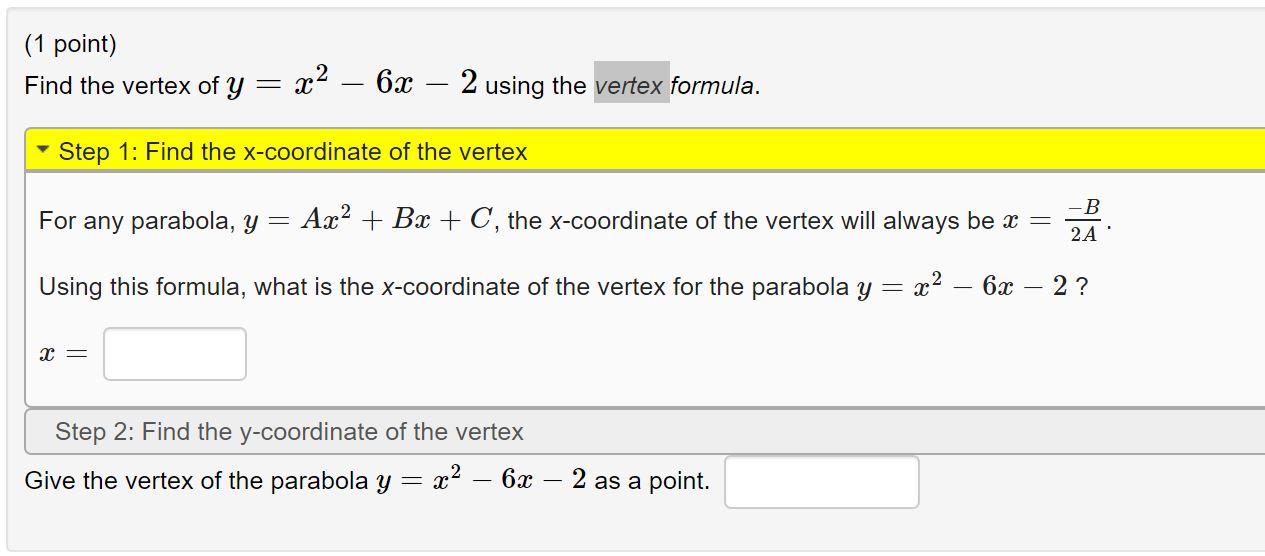 Solved (1 point) Find the vertex of y 63 2 using the vertex | Chegg.com