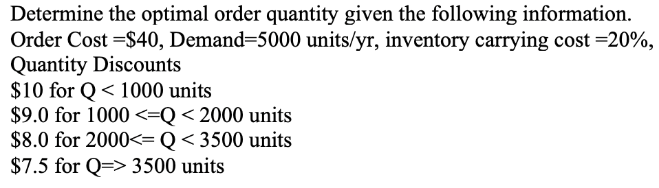 Solved Determine the optimal order quantity given the | Chegg.com