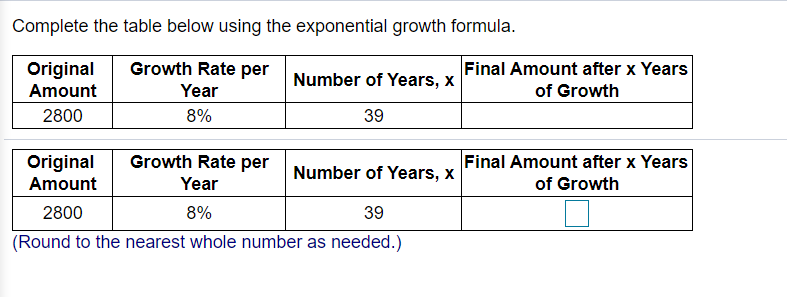 Solved Complete the table below using the exponential growth | Chegg.com