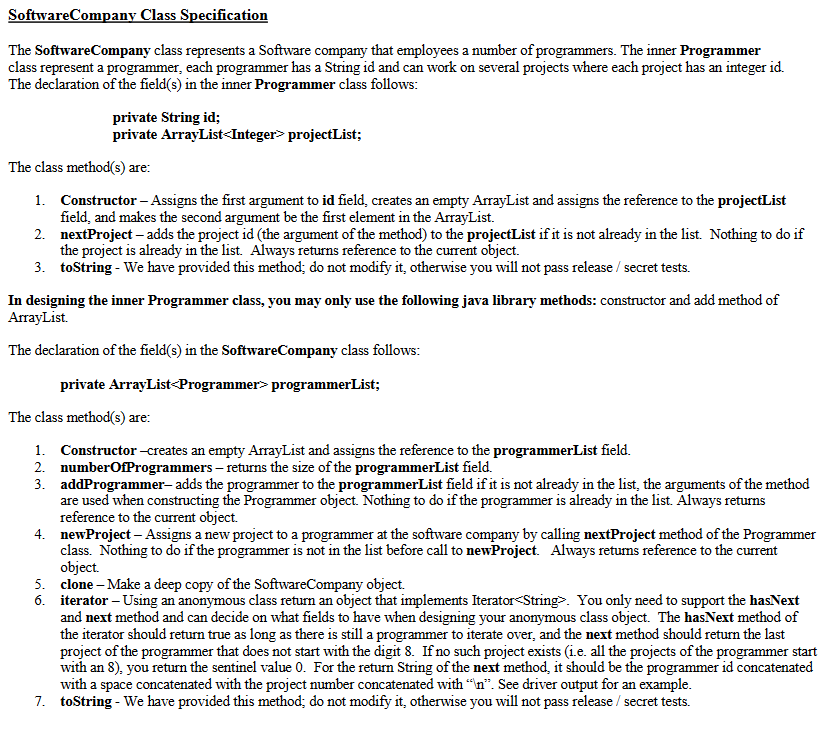 Solved SoftwareCompany Class Specification The Software | Chegg.com