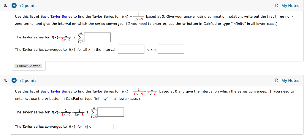 Solved 3. -/2 points My Notes Use this list of Basic Taylor | Chegg.com