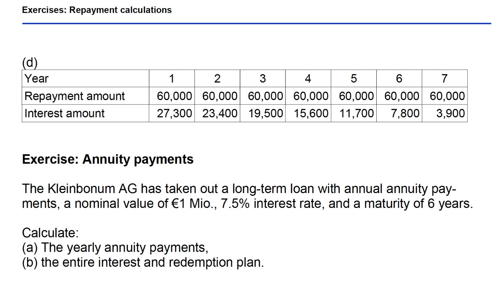 Solved Exercises: Repayment calculations (d) Year Repayment | Chegg.com