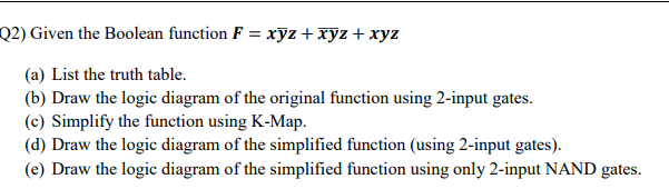 Solved Q2) Given the Boolean function F = xyz + xyz + xyz | Chegg.com