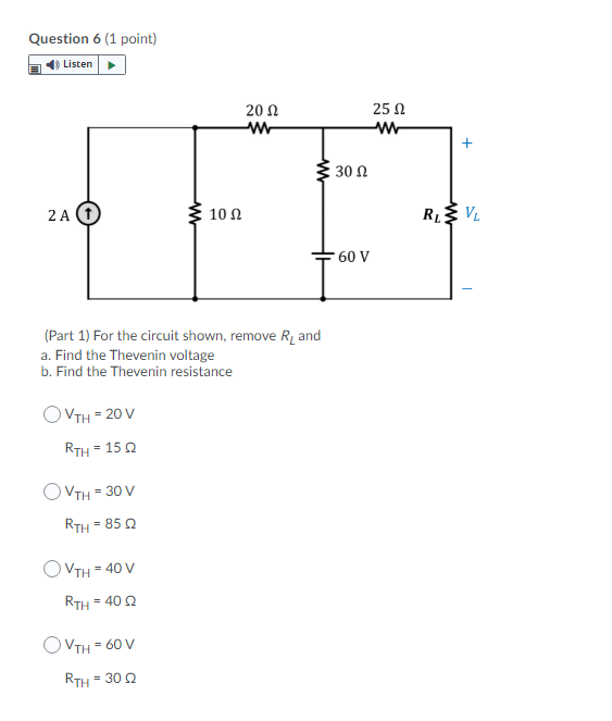 Solved Question 6 (1 point) Listen 2012 W 25 Ω w + w 30.12 2 | Chegg.com