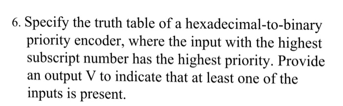 Solved 6. Specify the truth table of a hexadecimal-to-binary | Chegg.com