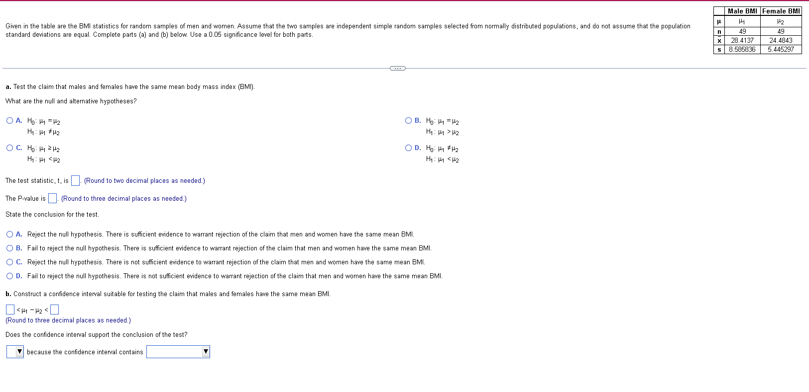 Solved standard deviations are equal. Complete parts (a) and | Chegg.com