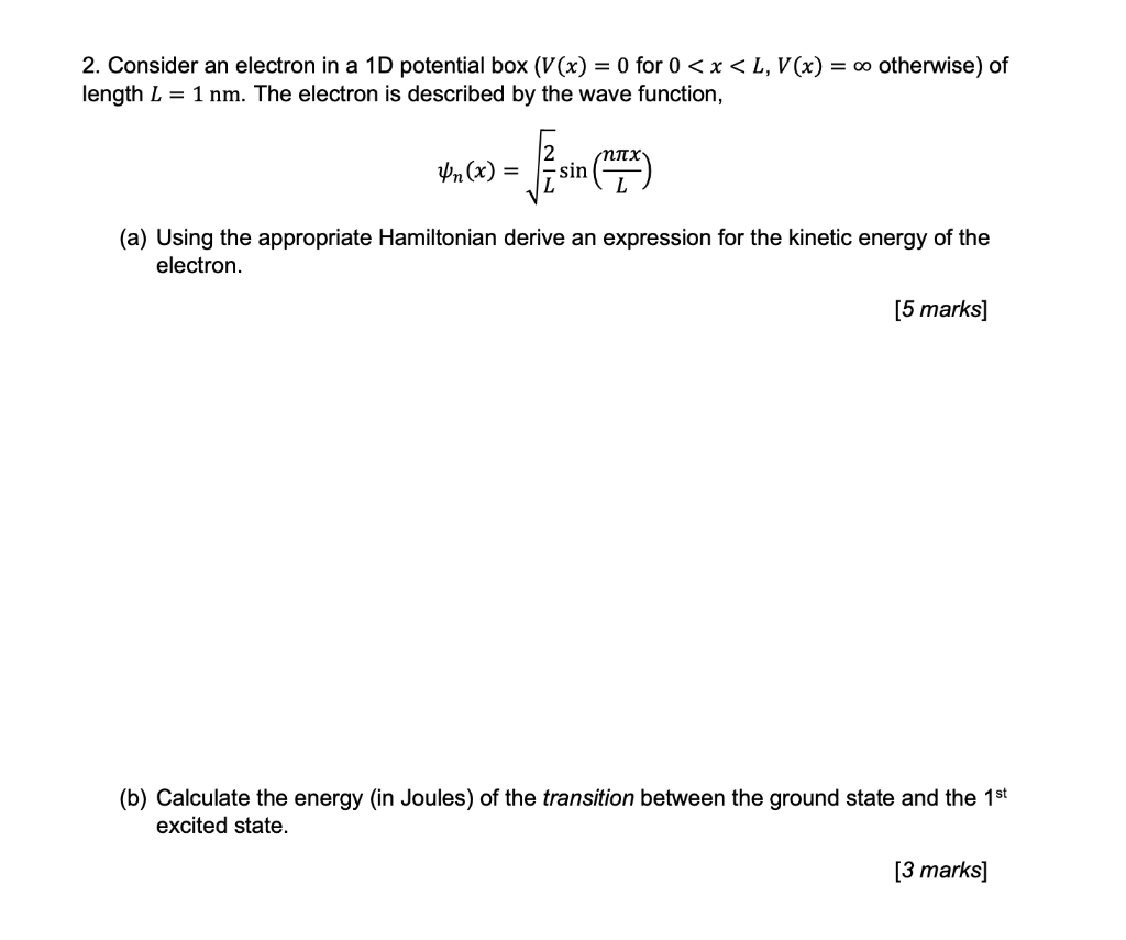 Solved 2. Consider an electron in a 1D potential box (V(x)=0 | Chegg.com