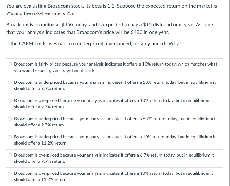 Solved You are evaluating Broadcom stock. Its beta is 1.1. | Chegg.com
