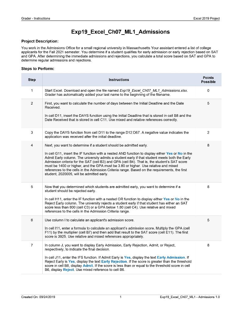 Grader - Instructions Excel 2019 Project | Chegg.com