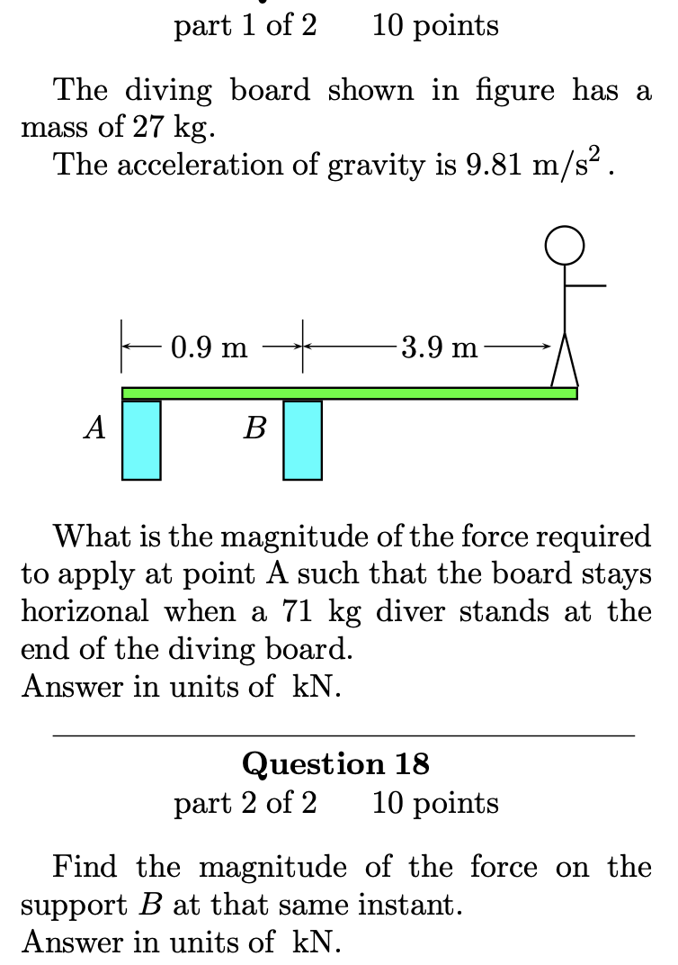 Solved part 1 of 2 10 points The diving board shown in | Chegg.com
