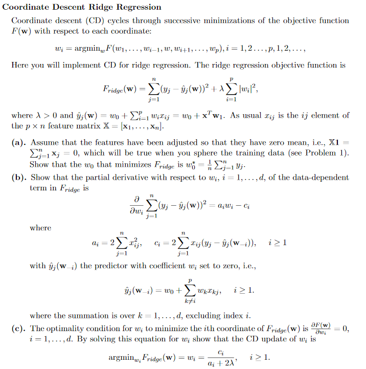 Coordinate Descent Ridge Regression Coordinate | Chegg.com