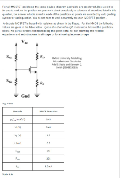 Solved For all MOSFET problems the same device diagram and | Chegg.com