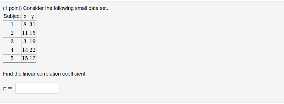 Solved (1 point) Consider the following small data set. | Chegg.com