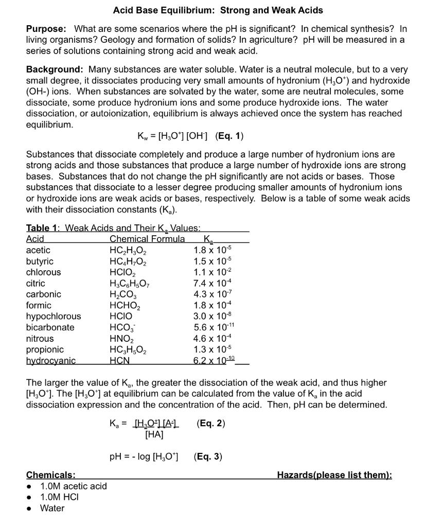 Solved Acid Base Equilibrium: Strong and Weak Acids Purpose: | Chegg.com