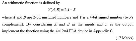 Solved An arithmetic function is defined by Y(A,B) = 2A-B | Chegg.com