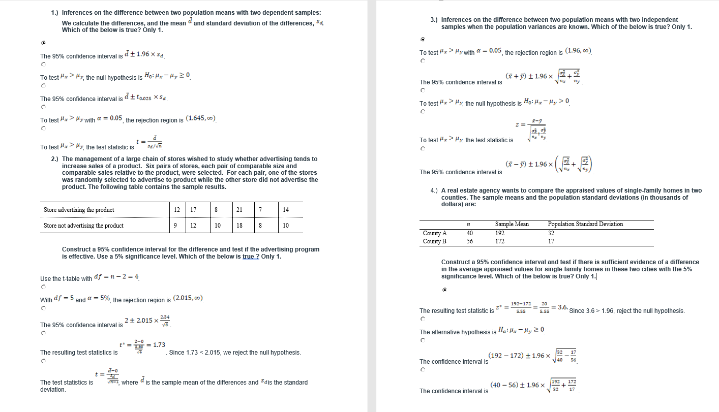 Solved 1.) Inferences on the difference between two | Chegg.com