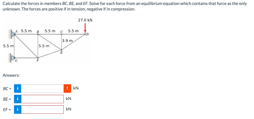 Solved Calculate the forces in members BC, BE, and EF. Solve | Chegg.com
