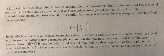 1) (16 pts) The trace-determinant plane is an example | Chegg.com