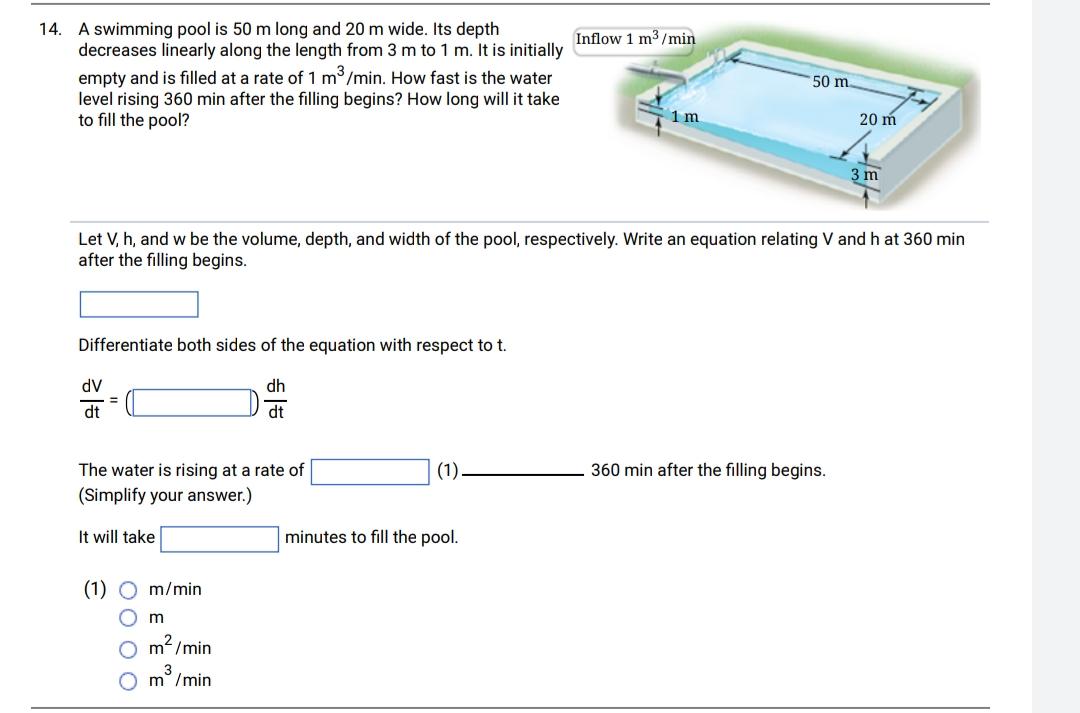 Solved 14. A swimming pool is 50 m long and 20 m wide. Its | Chegg.com