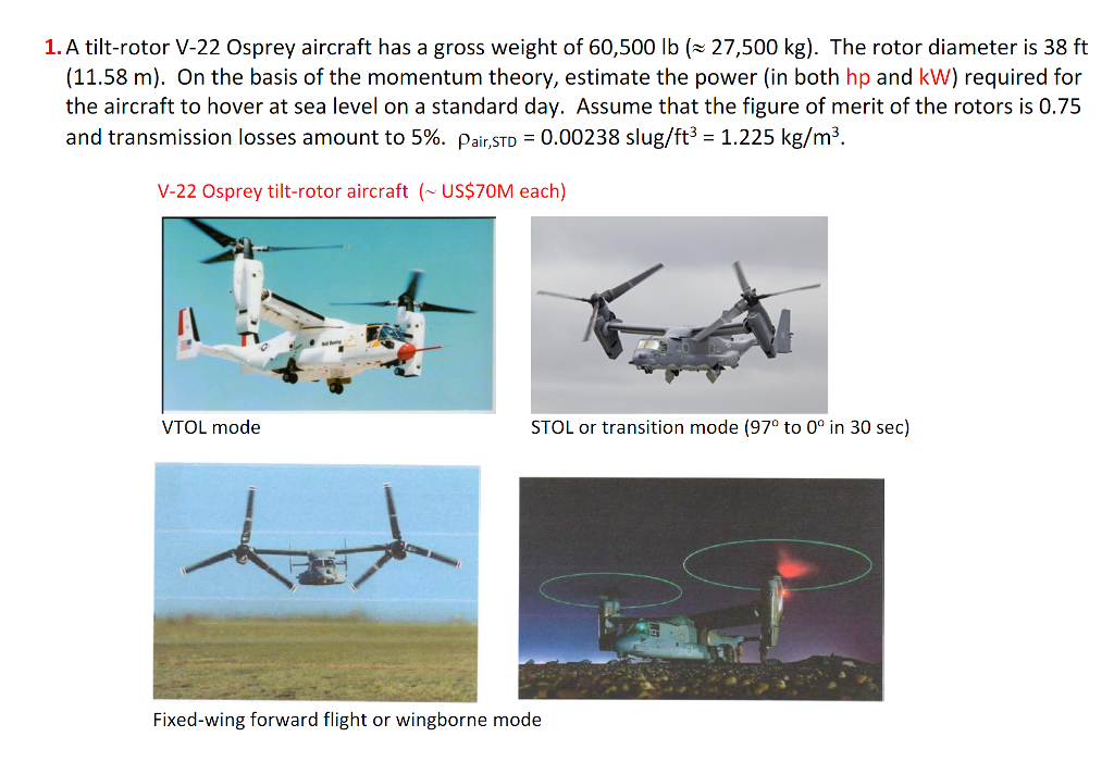 Solved 1. A tilt-rotor V-22 Osprey aircraft has a gross | Chegg.com