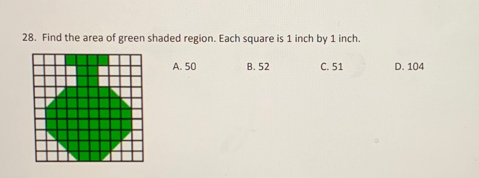 Solved 28. Find the area of green shaded region. Each square | Chegg.com