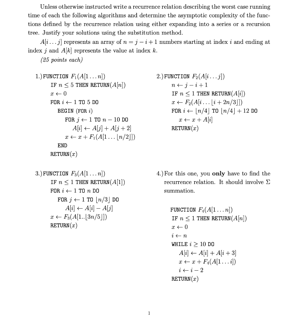 Unless otherwise instructed write a recurrence | Chegg.com