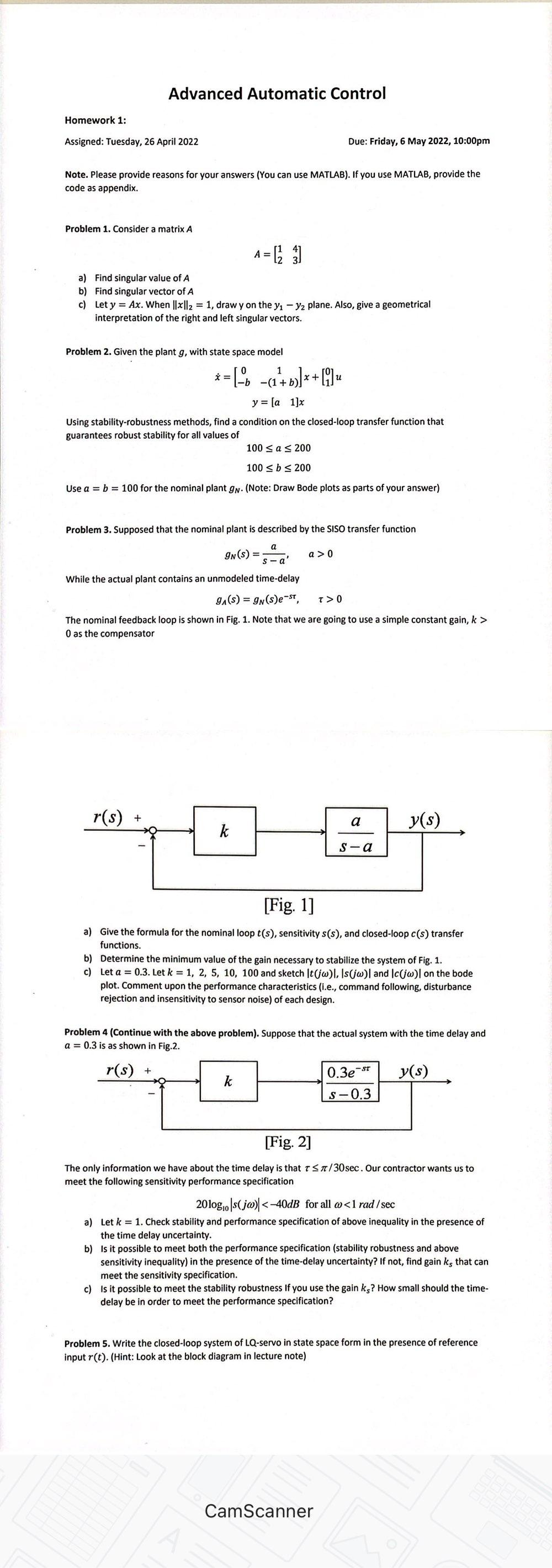 Advanced Automatic Control Homework 1: Assigned: | Chegg.com
