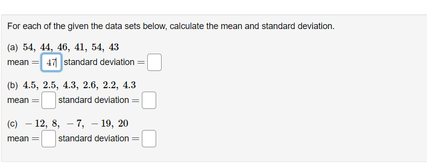 Solved For each of the given the data sets below, calculate | Chegg.com