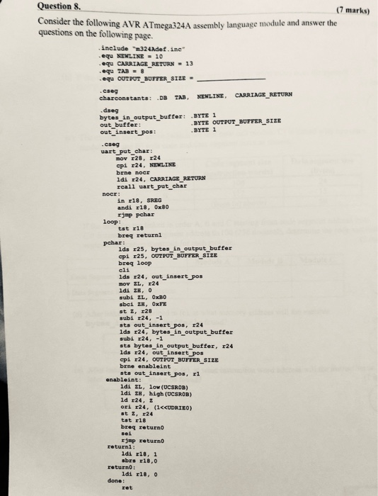 Question 8 Consider the following AVR ATmega324A | Chegg.com