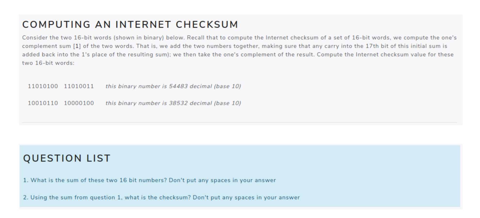 Solved COMPUTING AN INTERNET CHECKSUM Consider the two | Chegg.com