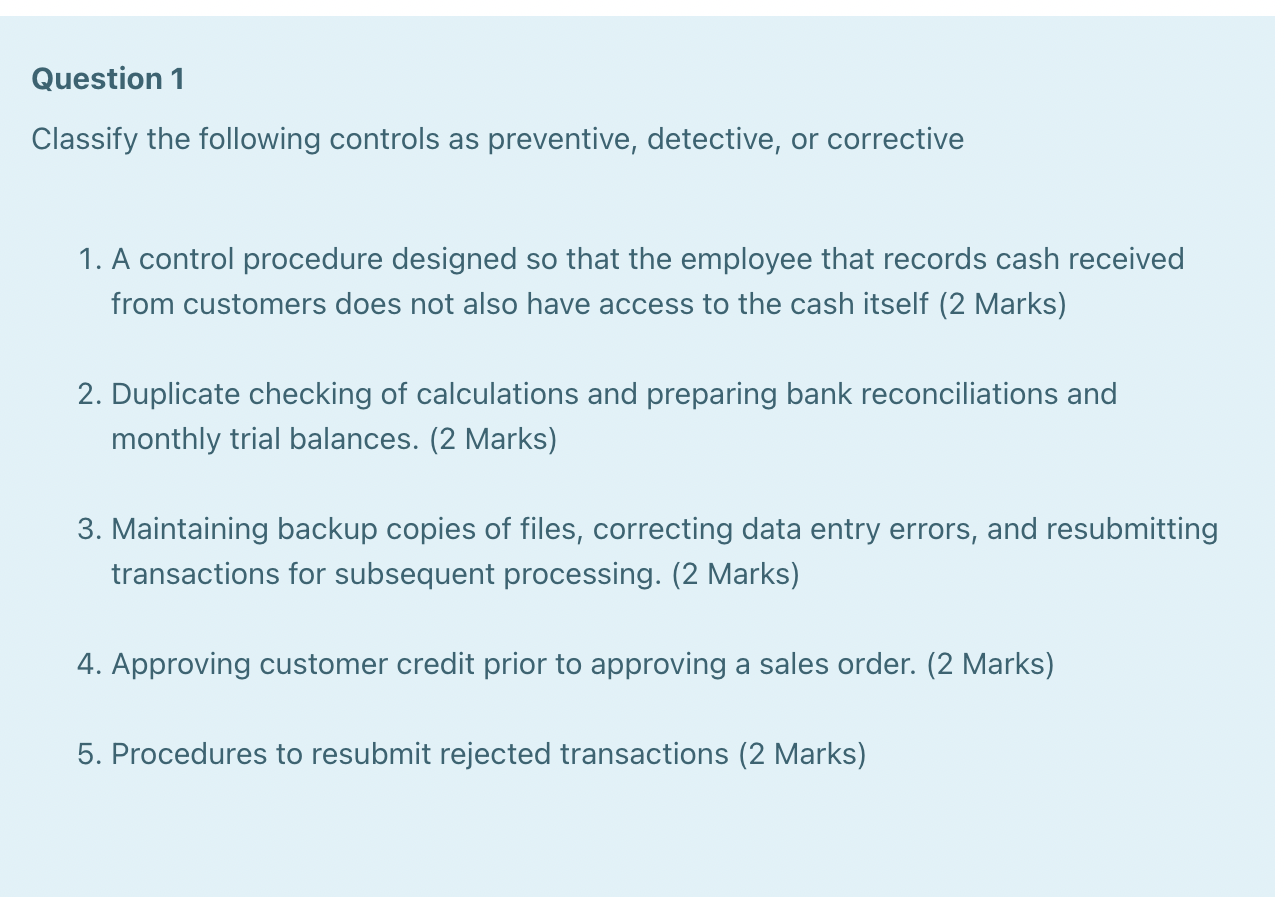 Solved Question 1 Classify the following controls as | Chegg.com