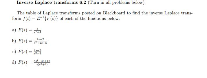 Solved Inverse Laplace transforms 6.2 (Turn in all problems | Chegg.com