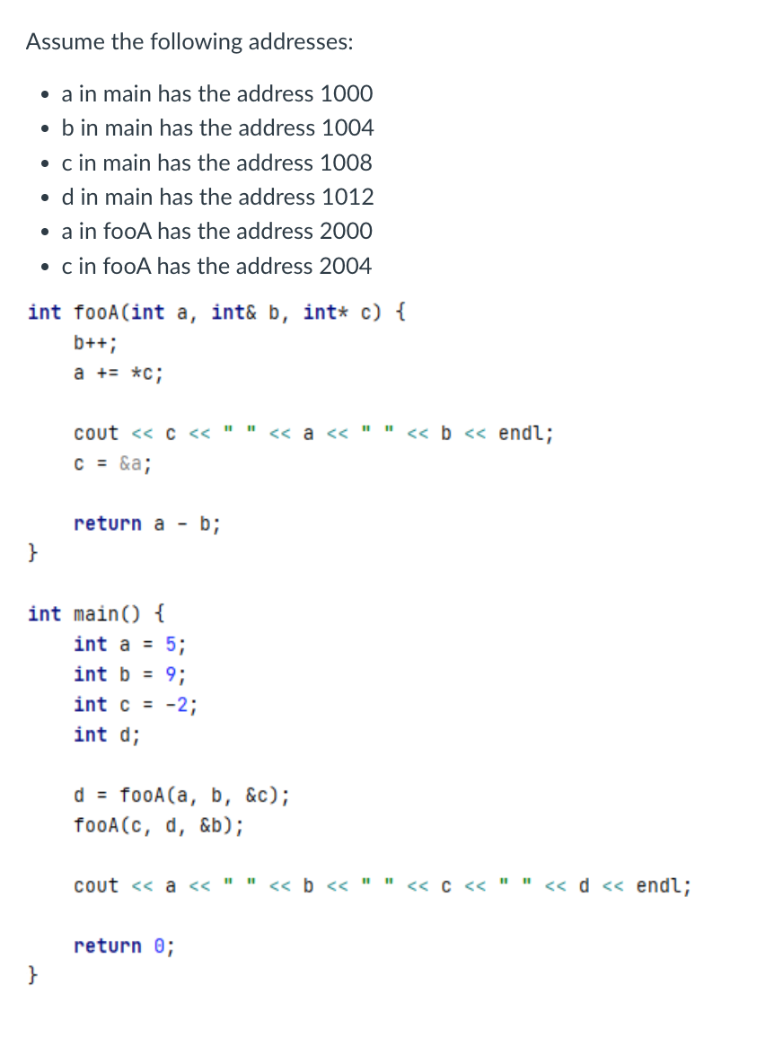Solved Assume the following addresses: - a in main has the | Chegg.com