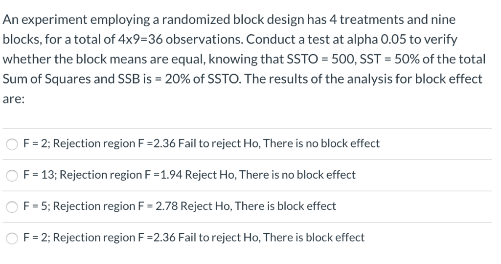 Solved An experiment employing a randomized block design has | Chegg.com