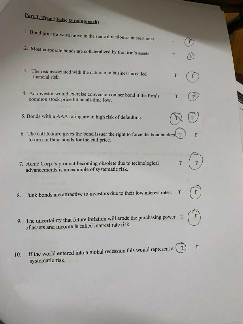 Solved Part 1. True/False (3 points each) 1. Bond prices | Chegg.com