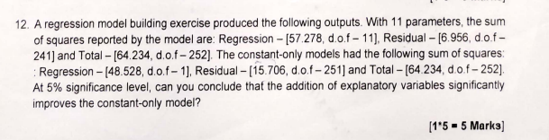 Solved A regression model building exercise produced the | Chegg.com
