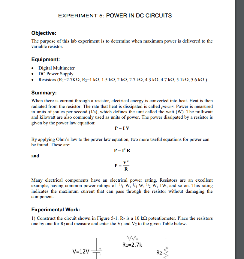 Solved EXPERIMENT 5: POWER IN DC CIRCUITS Objective: The | Chegg.com