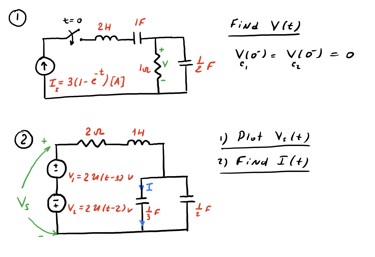 Solved Find V(t) Vc1(0−)=Vc2(0−)=0 1) PlotVs(t) 2) Find I(t) | Chegg.com