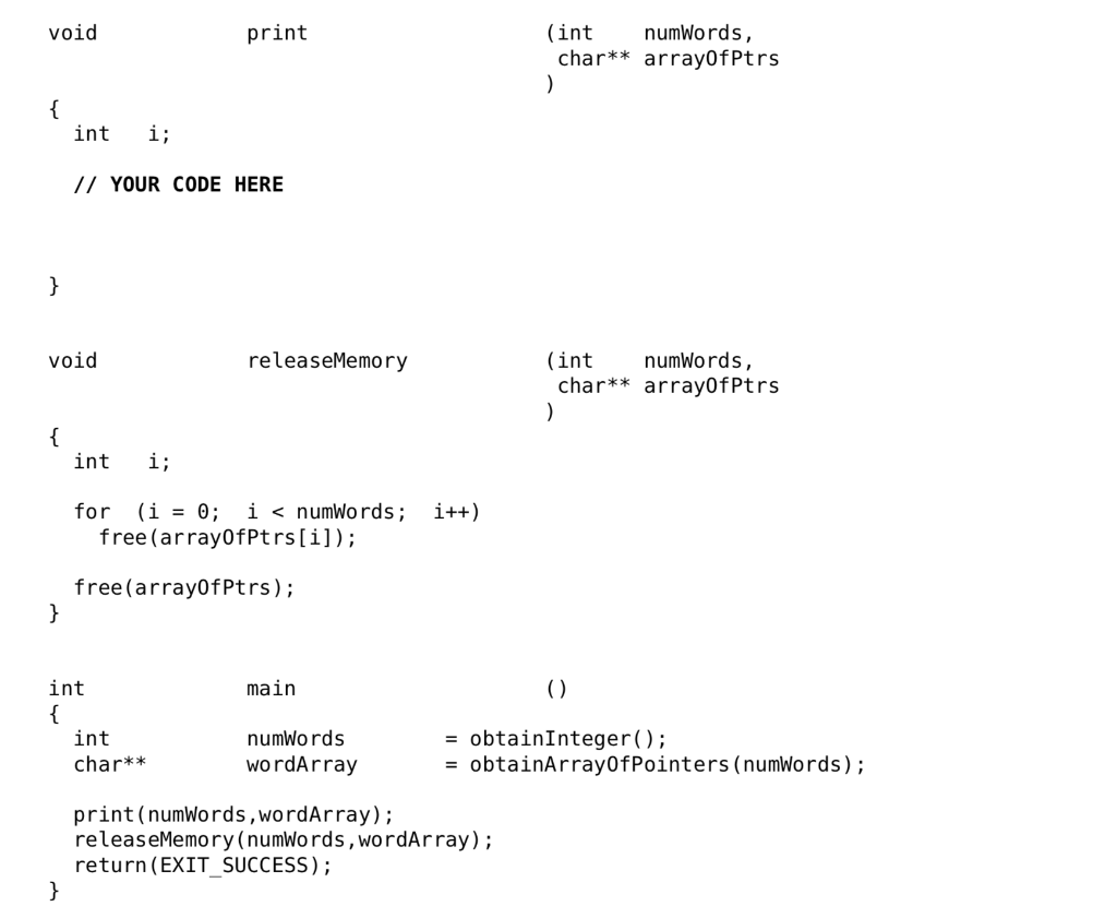 Solved 2. C and Pointers (10 points) Finish the program | Chegg.com