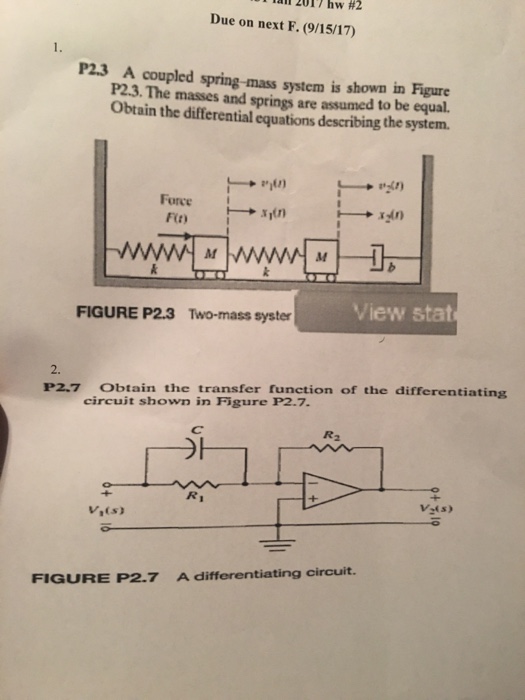 Solved A coupled spring-mass system is shown in Figure P2.3. | Chegg.com