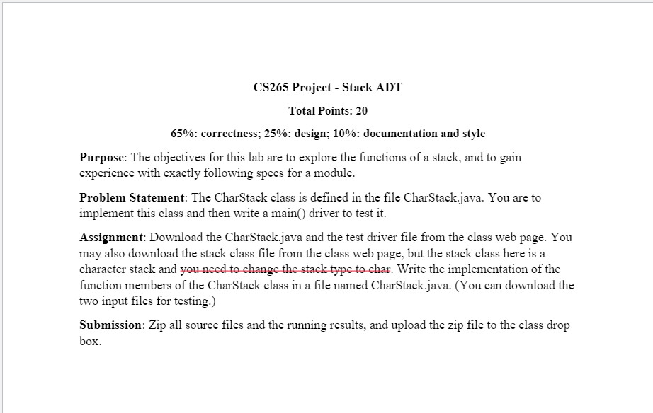 CS265 Project - Stack ADT Total Points: 20 65%: | Chegg.com
