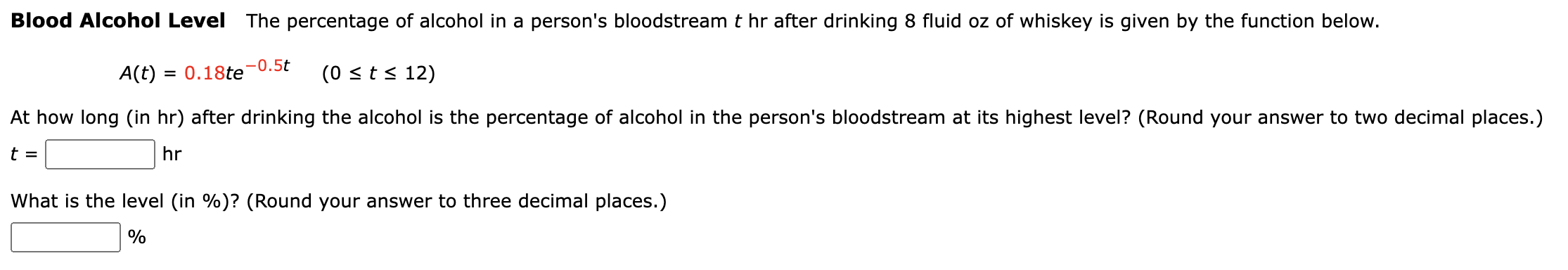 Solved Blood Alcohol Level The percentage of alcohol in a | Chegg.com
