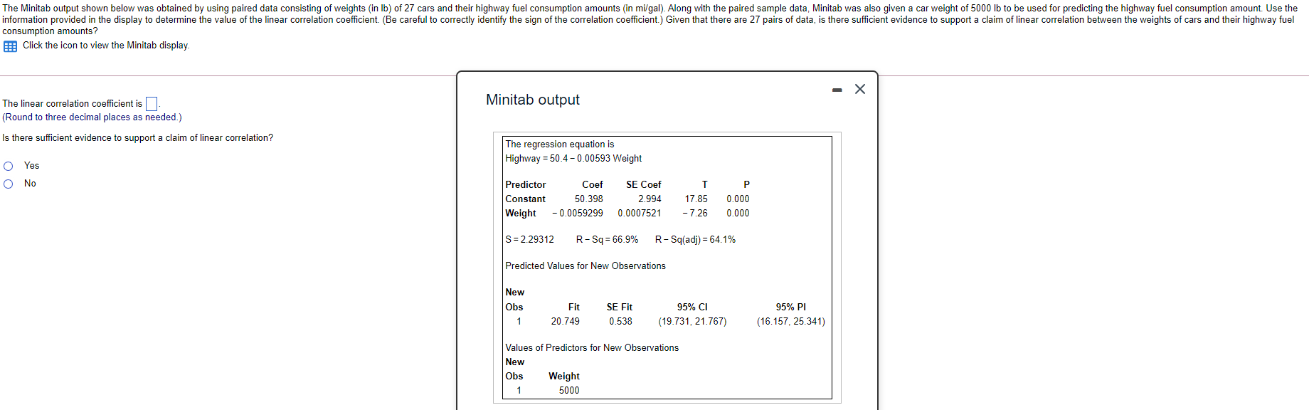 Solved The Minitab output shown below was obtained by using | Chegg.com