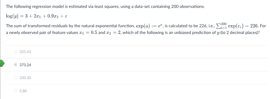 Solved log(y)=3+2x1+0.9x2+ε The sum of transformed residuals | Chegg.com