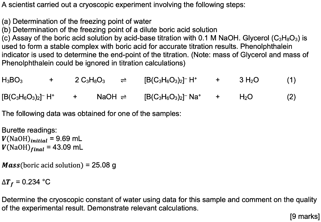 Solved A scientist carried out a cryoscopic experiment | Chegg.com