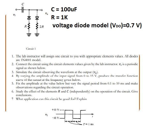 Solved 1. Vi * C = 100uF R = 1K voltage diode model | Chegg.com