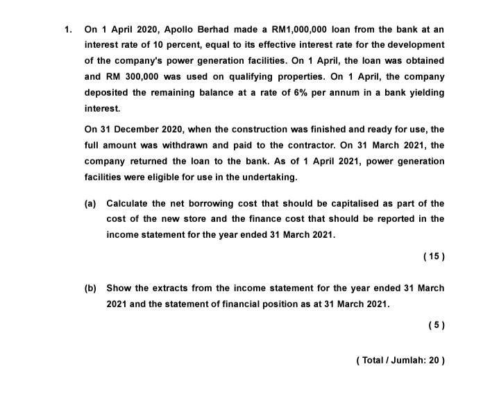 1. On 1 April 2020, Apollo Berhad made a RM1,000,000 | Chegg.com